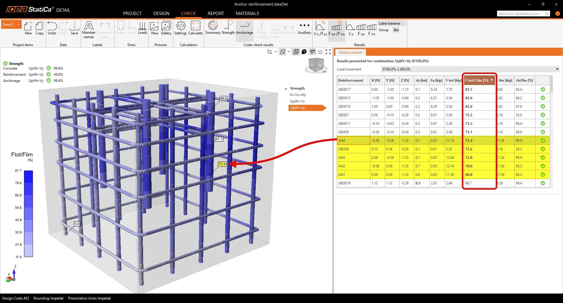 Complete code-check of anchors and concrete block in Detail 3D (ACI) | IDEA StatiCa